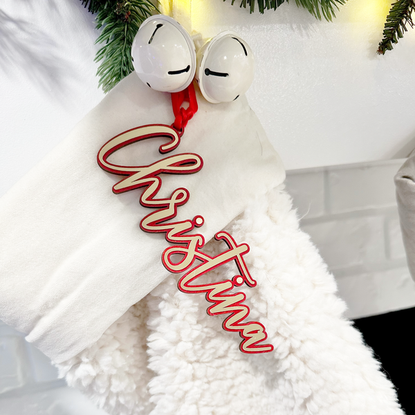 Script Name Stocking Tag - Wood with Metallic Name - Pomp & Revel