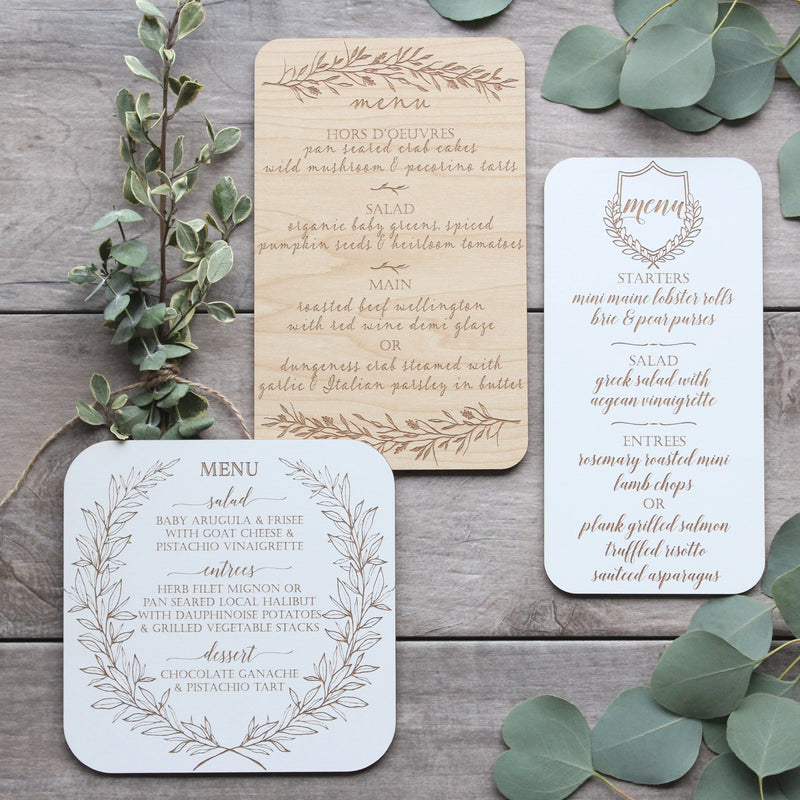 Wood Engraved Table Menus - Pomp & Revel