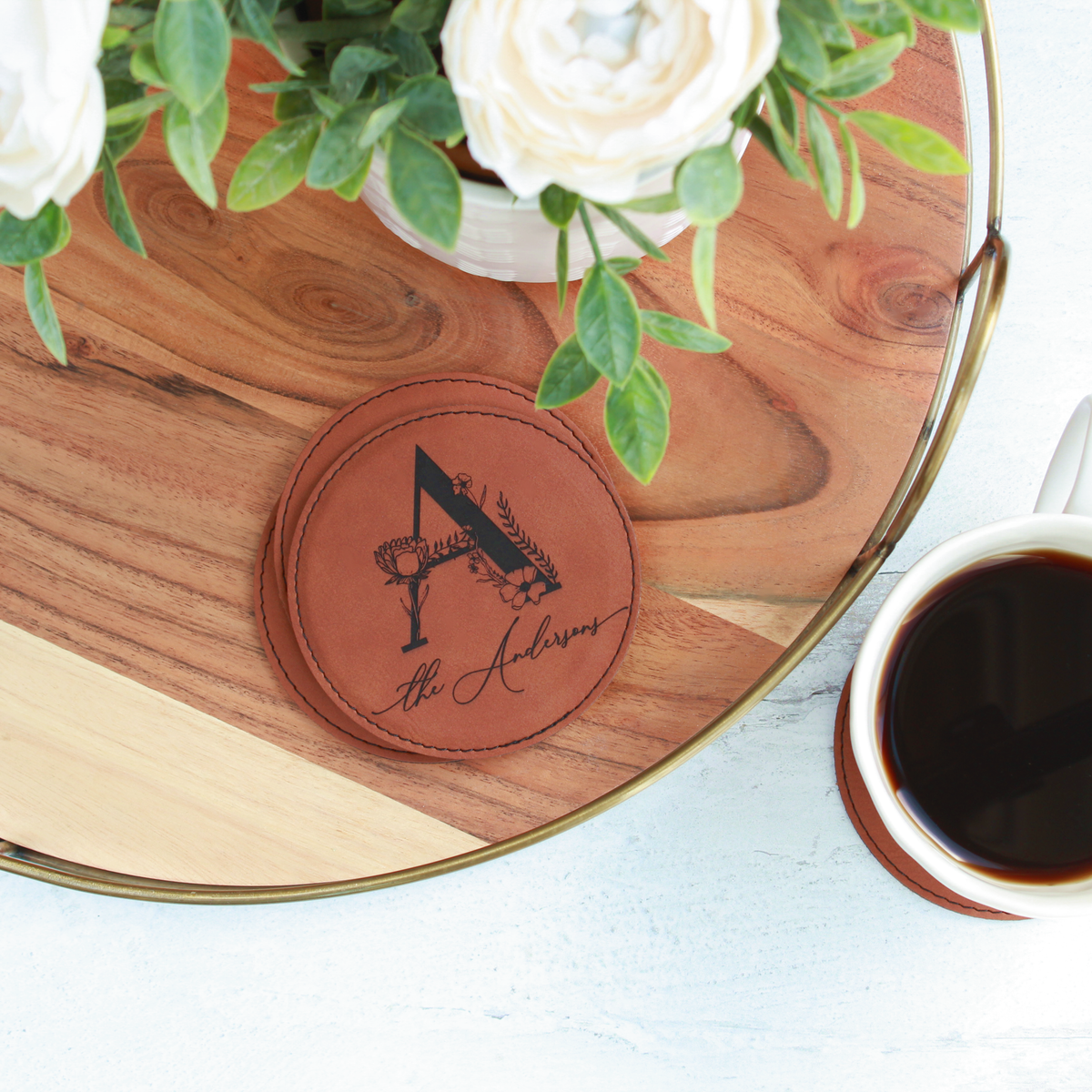 Personalized Leather Coasters - Round, Set of 4 - Pomp & Revel