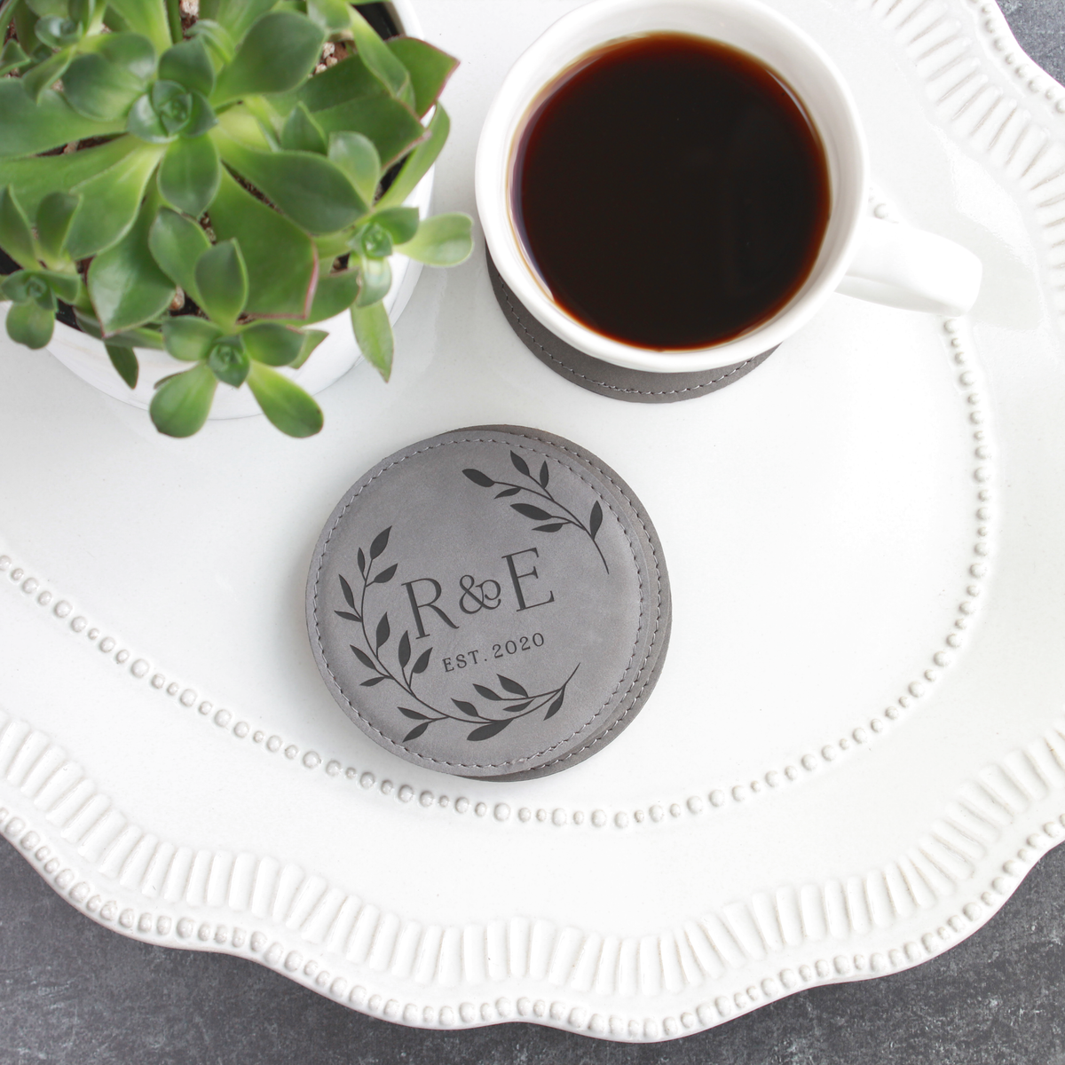 Personalized Leather Coasters - Round, Set of 4 - Pomp & Revel